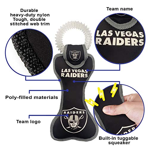 Pets First NFL Las Vegas Raiders Football Dental Tough Dog TUG Bone Toy with Built-in Squeaker Attached to a Safe Rubber Teething Toothbrush PET Toy, Team Color, (OAK-3310), 14 x 5