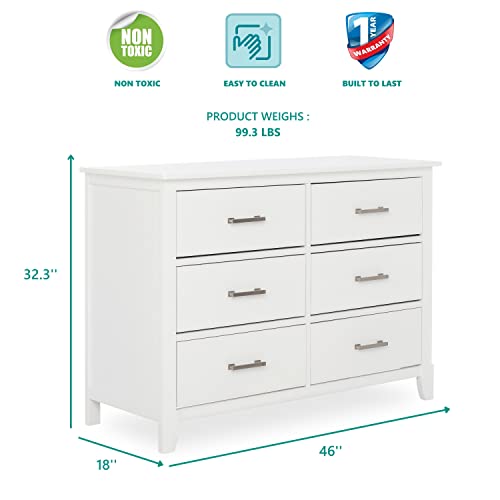 Dream On Me Universal Double Dresser in White, Kids Bedroom Dresser, Six Drawers Dresser, Mid-Century Modern, Made of Solid, Sustainable Pinewood, Easy Assembly