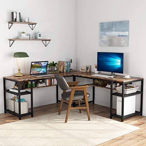 Tribesigns 70 Inch Modern L-Shaped Desk with Bookcase, L Shapes Computer Desk Study Table Super Sturdy Workstation for Home Office with Hutch, Brown