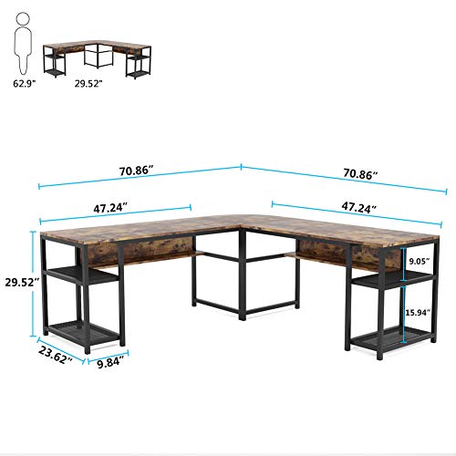 Tribesigns 70 Inch Modern L-Shaped Desk with Bookcase, L Shapes Computer Desk Study Table Super Sturdy Workstation for Home Office with Hutch, Brown