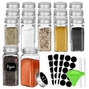 cyclemore 15 pcs 4oz glass spice jars bottles, square spice containers with silver metal caps and pour/sift shaker lid-40pcs black labels,1pcs silicone collapsible funnel and 1pcs brush included