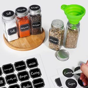 CycleMore 15 Pcs 4oz Glass Spice Jars Bottles, Square Spice Containers with Silver Metal Caps and Pour/Sift Shaker Lid-40pcs Black Labels,1pcs Silicone Collapsible Funnel and 1pcs Brush Included