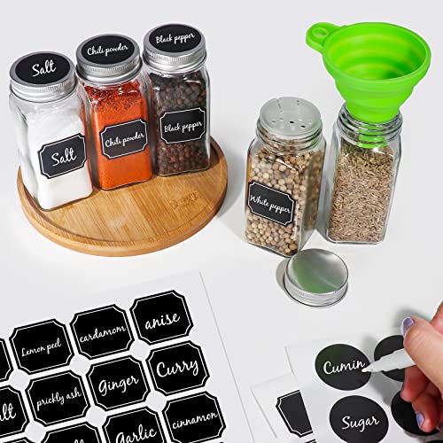 CycleMore 15 Pcs 4oz Glass Spice Jars Bottles, Square Spice Containers with Silver Metal Caps and Pour/Sift Shaker Lid-40pcs Black Labels,1pcs Silicone Collapsible Funnel and 1pcs Brush Included