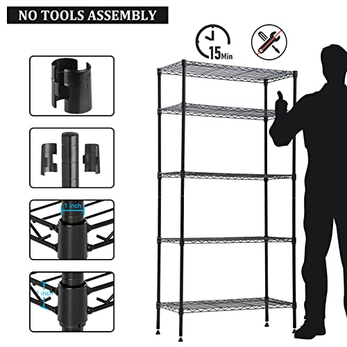 Storage Metal Shelf, 5 Tier Heavy Duty Shelves, Organizer Metal Wire Rack, NSF Wire Shelving Unit, Durable Shelving for Garage Pantry Closet Kitchen Office Laundry, 14"D x 24"W x 60"H, 750 Lbs(Black)