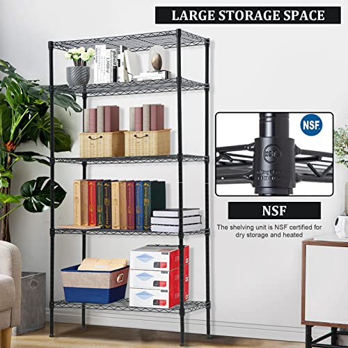 Storage Metal Shelf, 5 Tier Heavy Duty Shelves, Organizer Metal Wire Rack, NSF Wire Shelving Unit, Durable Shelving for Garage Pantry Closet Kitchen Office Laundry, 14"D x 24"W x 60"H, 750 Lbs(Black)