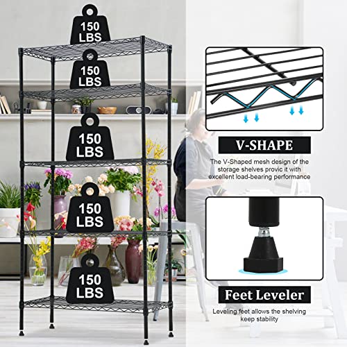 Storage Metal Shelf, 5 Tier Heavy Duty Shelves, Organizer Metal Wire Rack, NSF Wire Shelving Unit, Durable Shelving for Garage Pantry Closet Kitchen Office Laundry, 14"D x 24"W x 60"H, 750 Lbs(Black)