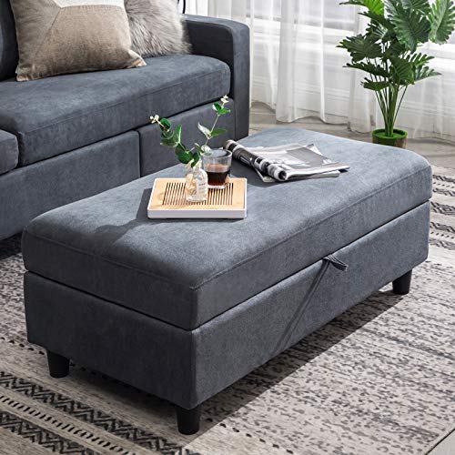 HONBAY Reversible Sectional Couch with Chaise Modern Linen Fabric L Shape Sofa for Apartment Sectional Set with Ottoman in Bluish Grey