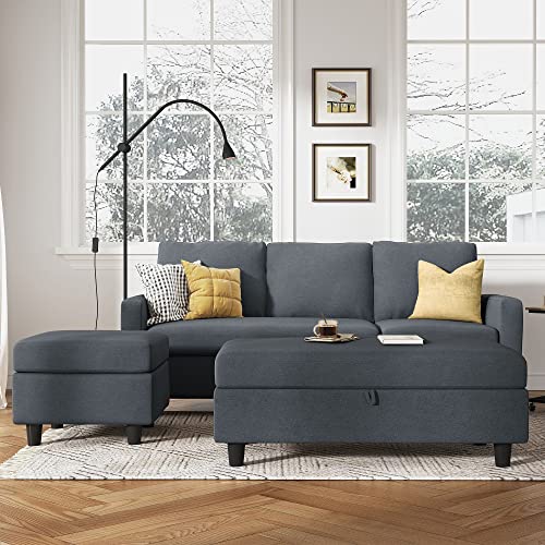 HONBAY Reversible Sectional Couch with Chaise Modern Linen Fabric L Shape Sofa for Apartment Sectional Set with Ottoman in Bluish Grey