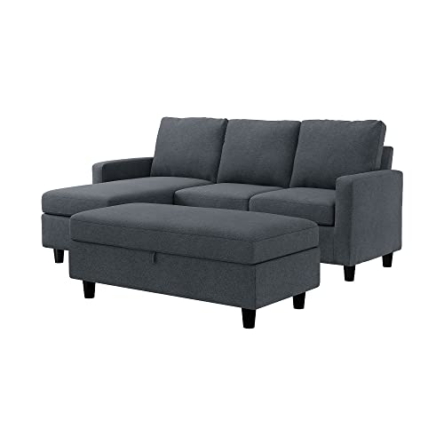 HONBAY Reversible Sectional Couch with Chaise Modern Linen Fabric L Shape Sofa for Apartment Sectional Set with Ottoman in Bluish Grey