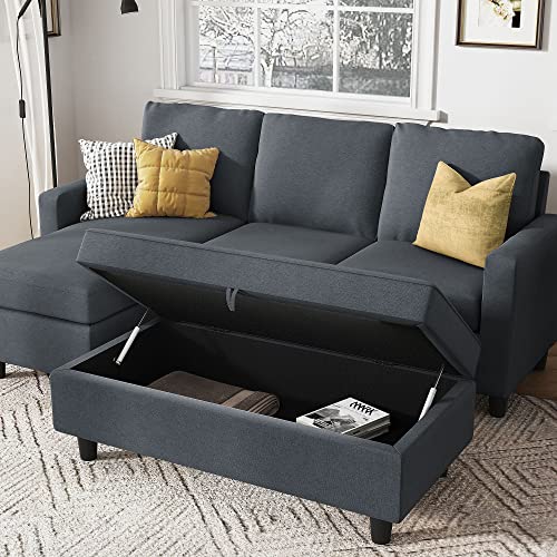 HONBAY Reversible Sectional Couch with Chaise Modern Linen Fabric L Shape Sofa for Apartment Sectional Set with Ottoman in Bluish Grey