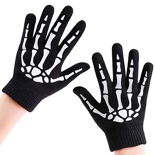 Cooraby 3 Pairs Kids Skeleton Touchscreen Gloves Halloween Glow in The Dark Full Finger Skull Bone Gloves