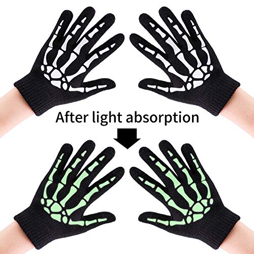 Cooraby 3 Pairs Kids Skeleton Touchscreen Gloves Halloween Glow in The Dark Full Finger Skull Bone Gloves