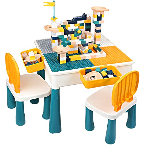 GobiDex All-in-One Kids Table and Chairs Set with 100PCS Marble Run Kids Building Blocks Toys for Kids Ages 3-5 Preschool Classroom Must Haves Multi Activity Water Table for Toddlers 1-3