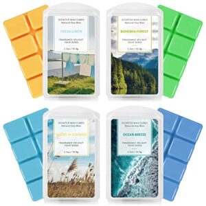 scentorini wax melts, wax cubes, soy wax cubes for wax warmer, ocean breeze, fresh linen, bohemia forest, winds in summer, 4 x 2.5oz