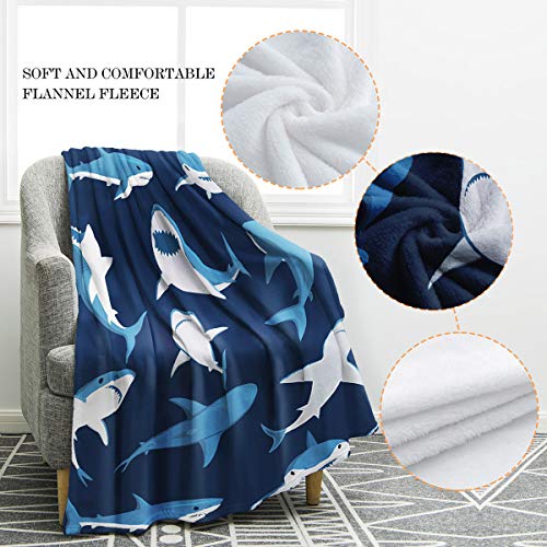 Jekeno Cartoon Shark Blanket Blue Soft Warm Print Throw Blanket for Kids Adult Office Gift 50"x60"