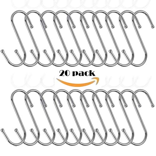 Powerful Metal S-Shaped Silver Hooks Hangers Heavy-Duty Stainless Steel Nickel Hanger Storage Rack for Closet, Work Shop, Bathroom, Garden, House Kitchen (20 Pack)