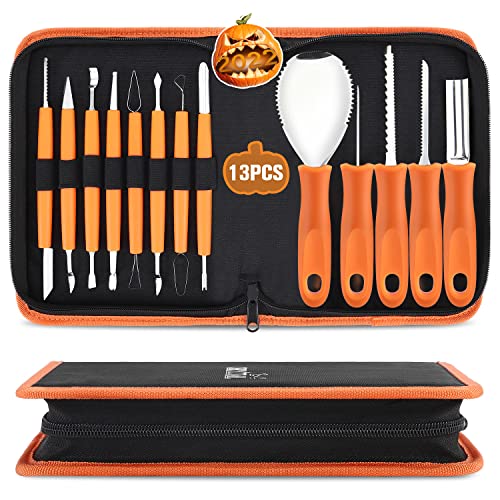 Pumpkin Carving Kit Tools Halloween, CHRYZTAL 13PCS Professional Heavy Duty Carving Set, Stainless Steel Double-side Sculpting Tool Carving Knife for Halloween Decoration Jack-O-Lanterns