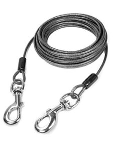 mighty paw cable tie out for dogs | 30’ braided steel black tieout. chew proof lead for all sized pets. great for yard, camping, and outdoors. an off-leash feel with total control (1/8", up to 60lbs)