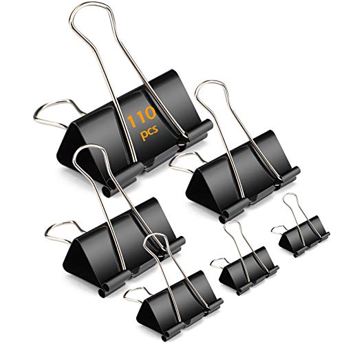 Wiltop 110 Pcs Binder Clips Metal Paper Clamps Black Set Assorted Sizes, Jumbo, Large, Medium, Small, Mini and Micro, 6 Sizes for Office, School and Home