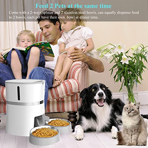 Automatic Cat Feeder, WellToBe Pet Feeder Food Dispenser for Cat & Small Dog with Two-Way Splitter and Double Bowls, up to 6 Meals with Portion Control, Voice Recorder - Battery and Plug-in Power