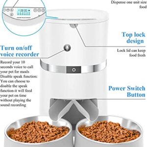 Automatic Cat Feeder, WellToBe Pet Feeder Food Dispenser for Cat & Small Dog with Two-Way Splitter and Double Bowls, up to 6 Meals with Portion Control, Voice Recorder - Battery and Plug-in Power