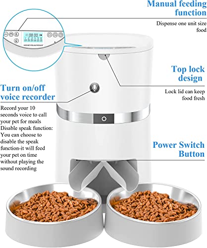 Automatic Cat Feeder, WellToBe Pet Feeder Food Dispenser for Cat & Small Dog with Two-Way Splitter and Double Bowls, up to 6 Meals with Portion Control, Voice Recorder - Battery and Plug-in Power