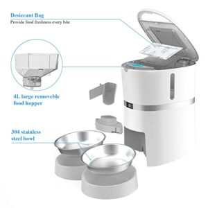 Automatic Cat Feeder, WellToBe Pet Feeder Food Dispenser for Cat & Small Dog with Two-Way Splitter and Double Bowls, up to 6 Meals with Portion Control, Voice Recorder - Battery and Plug-in Power