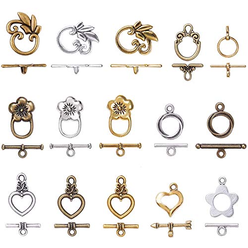 PH PandaHall 60 Sets Toggle Clasp, 15 Styles T-bar Closure Clasps IQ Toggle Clasps Flower Heart Clasps Fastener Hook Toggle Connectors TBar End Clasps for Necklace Bracelet Jewelry Making