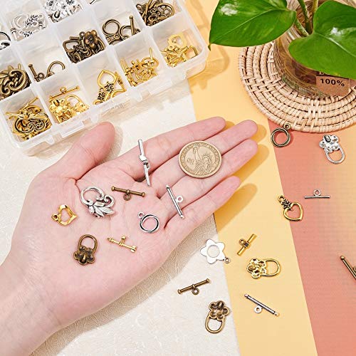 PH PandaHall 60 Sets Toggle Clasp, 15 Styles T-bar Closure Clasps IQ Toggle Clasps Flower Heart Clasps Fastener Hook Toggle Connectors TBar End Clasps for Necklace Bracelet Jewelry Making