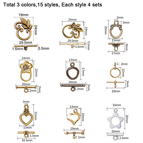 PH PandaHall 60 Sets Toggle Clasp, 15 Styles T-bar Closure Clasps IQ Toggle Clasps Flower Heart Clasps Fastener Hook Toggle Connectors TBar End Clasps for Necklace Bracelet Jewelry Making