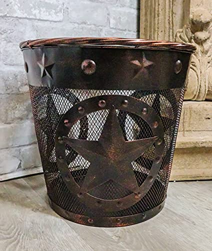 Ebros Rustic Western Texas Lone Stars in Circles of Nailheads with Braided Metal Rope Trim Wire Waste Basket Bin 12.75" Wide Home and Bathroom Accent Country Farmhouse Cowboy Decorative Trash Can