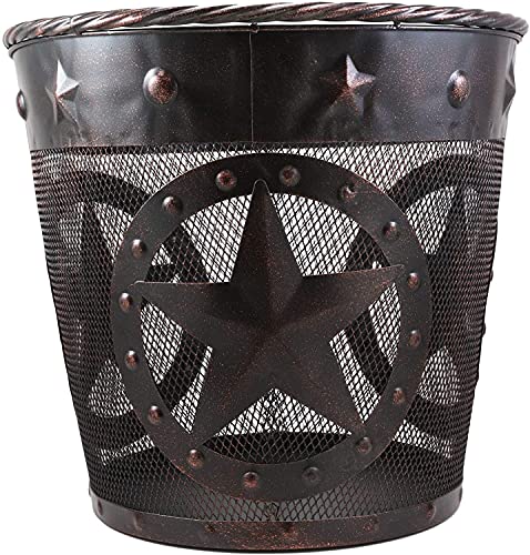 Ebros Rustic Western Texas Lone Stars in Circles of Nailheads with Braided Metal Rope Trim Wire Waste Basket Bin 12.75" Wide Home and Bathroom Accent Country Farmhouse Cowboy Decorative Trash Can