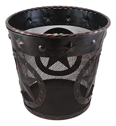 Ebros Rustic Western Texas Lone Stars in Circles of Nailheads with Braided Metal Rope Trim Wire Waste Basket Bin 12.75" Wide Home and Bathroom Accent Country Farmhouse Cowboy Decorative Trash Can