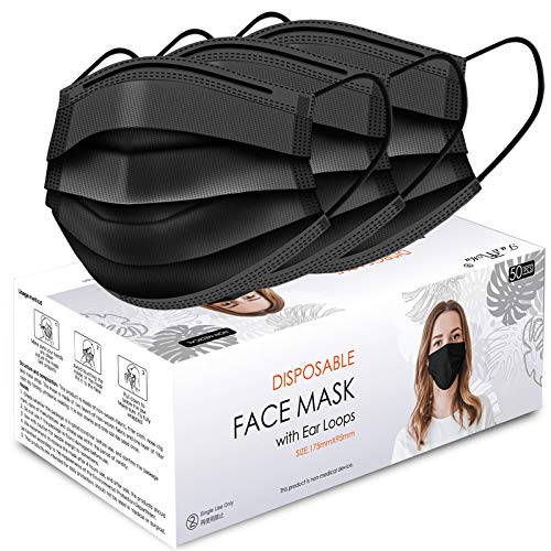 Taimu TM Black Disposable Face Masks for Protection 50 Packs, Safety Masks Black Dust Disposable Masks for men women