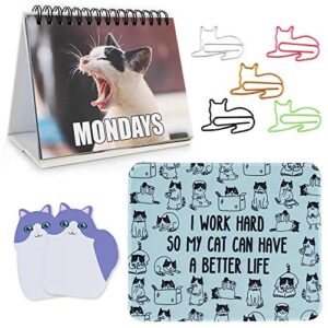 office gift for cat lovers | cute cat office supplies - funny cat memes desktop flipbook, cat mouse pad, cat shaped bookmark paper clips, cat sticky notes, accessories for home school work office