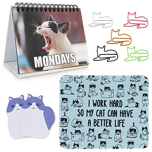 Office Gift for Cat Lovers | Cute Cat Office Supplies - Funny Cat Memes Desktop Flipbook, Cat Mouse Pad, Cat Shaped Bookmark Paper Clips, Cat Sticky Notes, Accessories for Home School Work Office