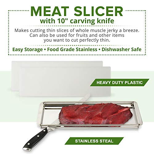 Beef Jerky Meat Slicer Kit- 100% Precision Uniform Slices Guaranteed - Adjustable Thickness Dishwasher Safe Jerky Cutting Board 10" Meat Slicing Knife Jerky Maker and Meat Curing How to Book