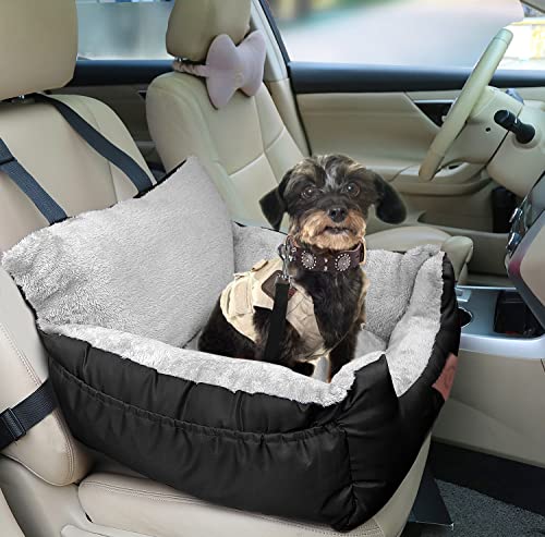 FAREYY Dog Car Seat for Small Dogs, Warm Soft Pet Car Seat Washable Dog Car Bed with Storage Pocket and Clip-On Safety Leash Portable Car Travel Carrier Booster Seats