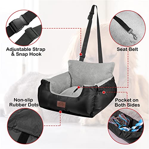 FAREYY Dog Car Seat for Small Dogs, Warm Soft Pet Car Seat Washable Dog Car Bed with Storage Pocket and Clip-On Safety Leash Portable Car Travel Carrier Booster Seats