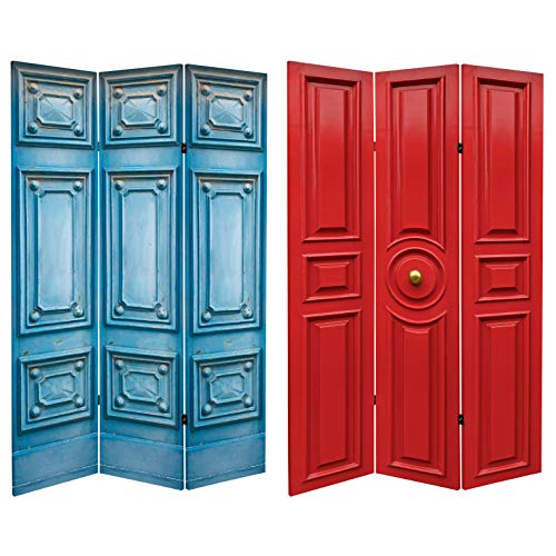 ORIENTAL Furniture 6 ft. Tall Double Sided Fancy Door Panel Canvas Room Divider, Blue/Red