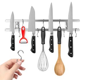 modern innovations (16 inch) stainless steel metal magnetic knife holder, wall mount double bar with 8 hooks - multipurpose knife magnetic strip, utensil hanger, and kitchen storage rack magnet