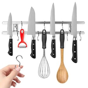 Modern Innovations (16 Inch) Stainless Steel Metal Magnetic Knife Holder, Wall Mount Double Bar with 8 Hooks - Multipurpose Knife Magnetic Strip, Utensil hanger, and Kitchen Storage Rack Magnet