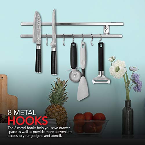 Modern Innovations (16 Inch) Stainless Steel Metal Magnetic Knife Holder, Wall Mount Double Bar with 8 Hooks - Multipurpose Knife Magnetic Strip, Utensil hanger, and Kitchen Storage Rack Magnet