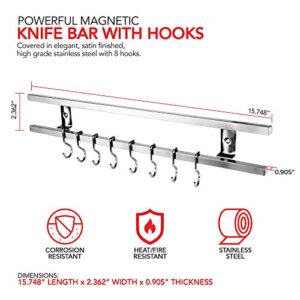 Modern Innovations (16 Inch) Stainless Steel Metal Magnetic Knife Holder, Wall Mount Double Bar with 8 Hooks - Multipurpose Knife Magnetic Strip, Utensil hanger, and Kitchen Storage Rack Magnet