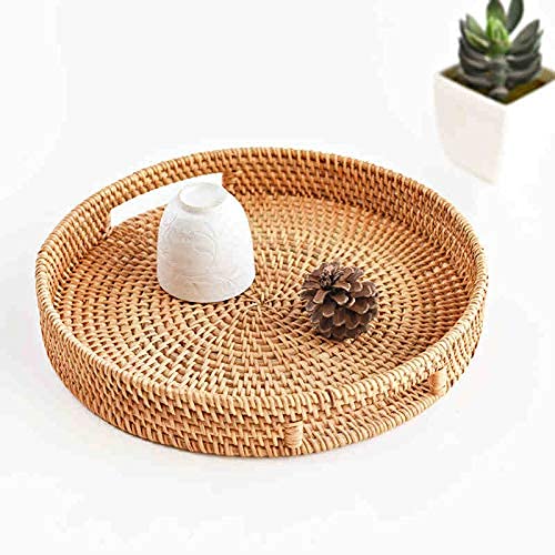 DECRAFTS Coffee Table Tray Round Rattan Ottoman Tray Woven Serving Trays with Handles for Home and Kitchen Decorative Natural (Large 14 inch x 2.8 inch)