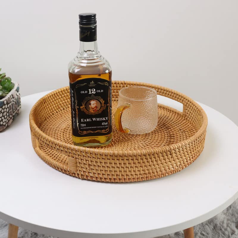 DECRAFTS Coffee Table Tray Round Rattan Ottoman Tray Woven Serving Trays with Handles for Home and Kitchen Decorative Natural (Large 14 inch x 2.8 inch)