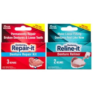 dentemp repair-it denture repair kit & reline-it denture reliner - denture kit (multi-pack) - refit and tighten dentures for both upper & lower denture - repair broken dentures & loose teeth