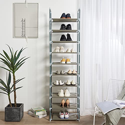 FORUP 10 Tiers Stackable Shoe Rack, Adjustable Shoe Storage Organizer Shelf, Non-Woven Fabric Shoe Tower Shelf (Grey)