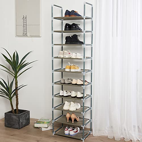 FORUP 10 Tiers Stackable Shoe Rack, Adjustable Shoe Storage Organizer Shelf, Non-Woven Fabric Shoe Tower Shelf (Grey)