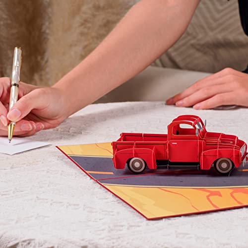 Paper Love Classic Red Truck Pop Up Card, For Father's Day, Birthday, All Occasion, Dad, Husband, Son - Handmade - 5" x 7" Cover - Includes Envelope and Note Tag